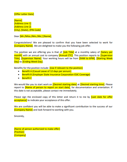Offer Letter Format Download The Format Of Offer Letter